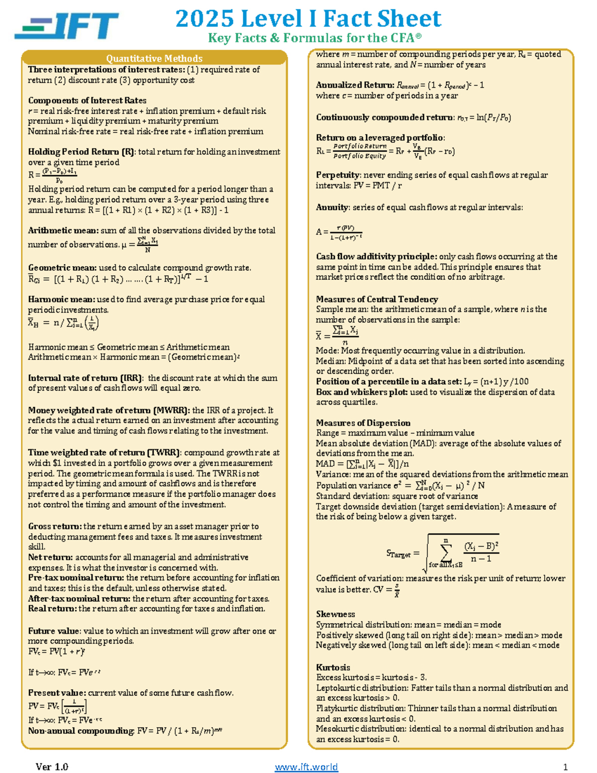 2025 Level I Exam Fact Sheet: Key Concepts & Formulas in Quantitative ...