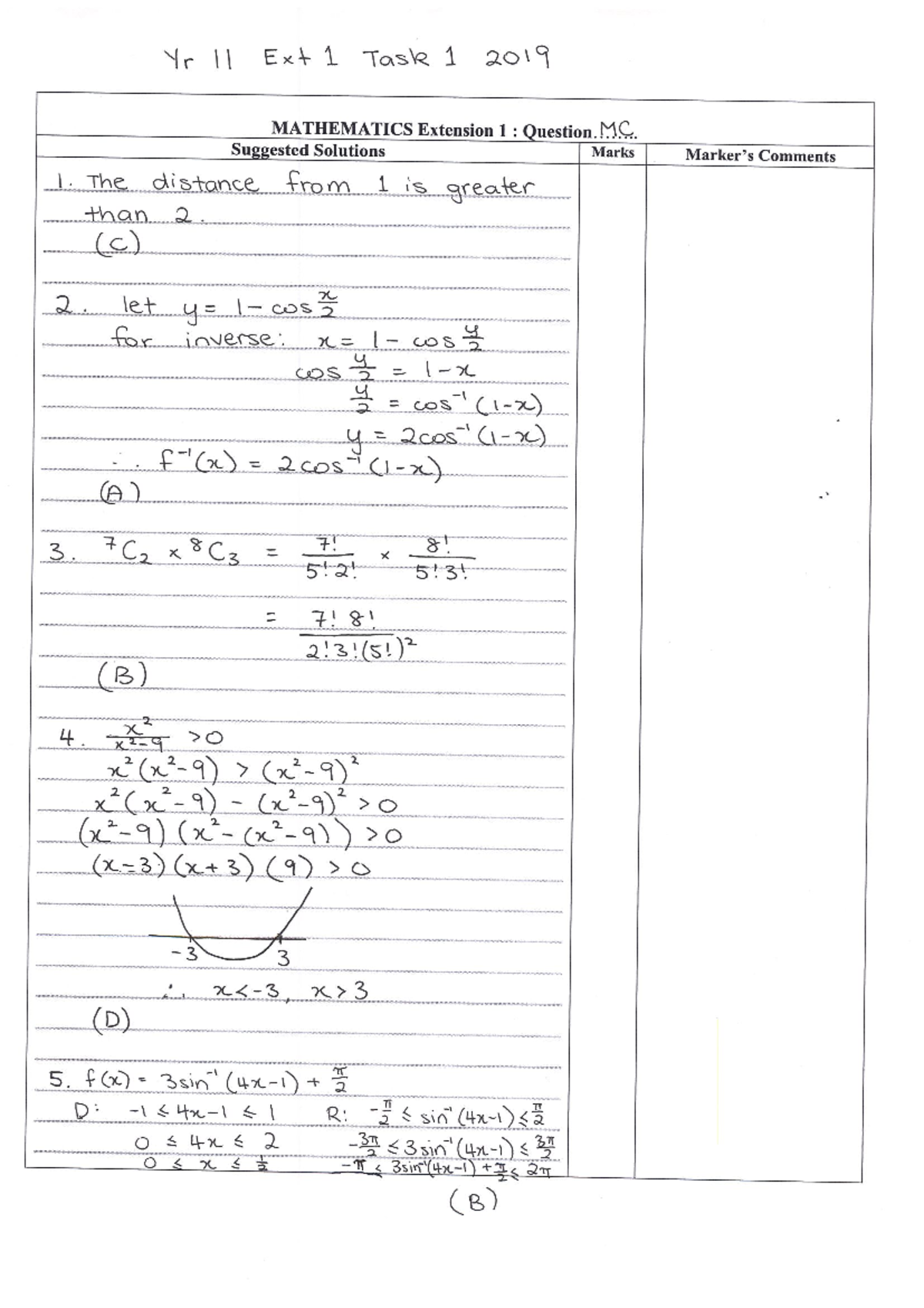 Yr 11 Ext 1 Task 1 2019 MATHEMATICS Extension 1: Suggested Solutions ...