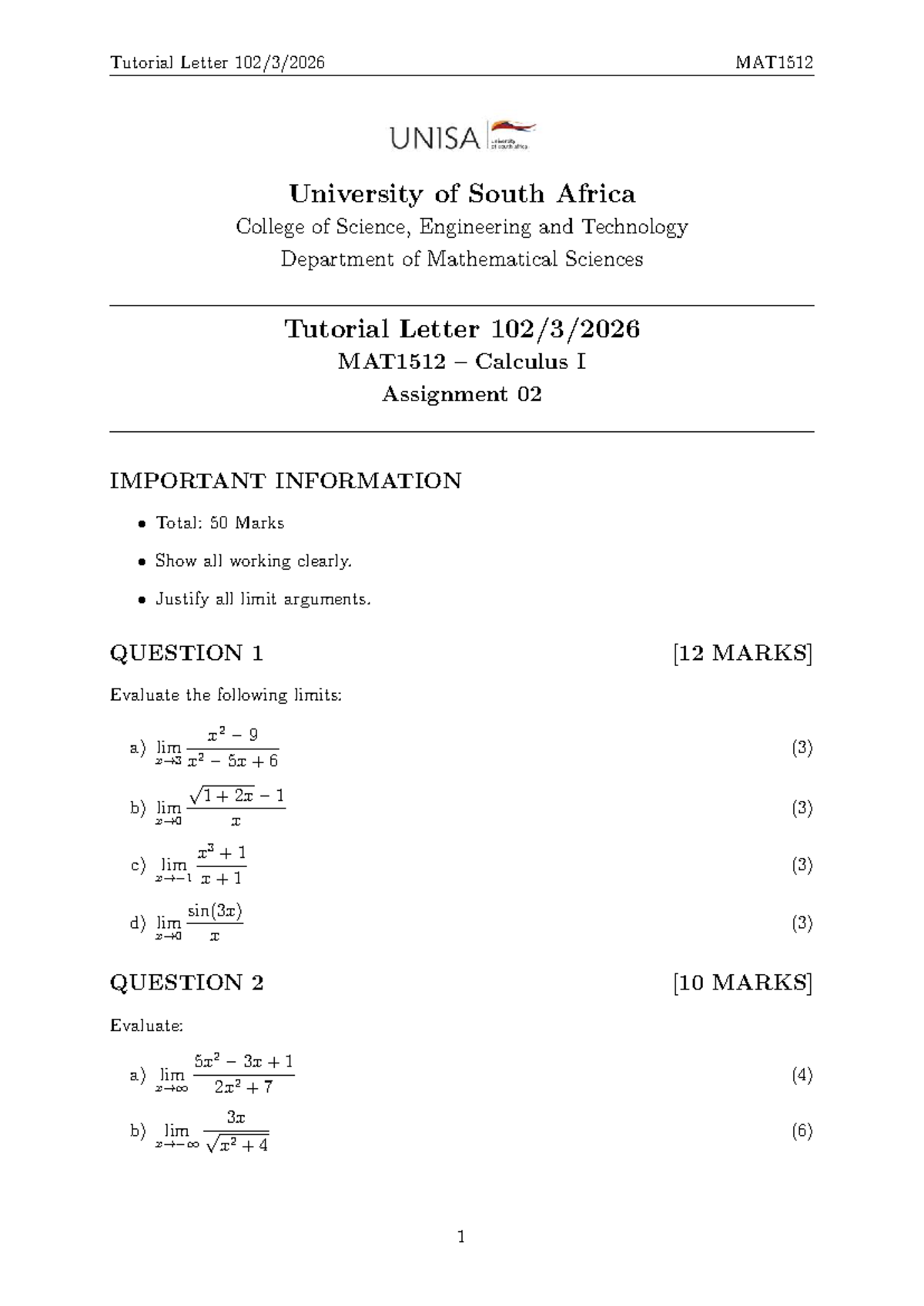 MAT1512 Calculus I Assignment 02: Limit Evaluations - Studocu
