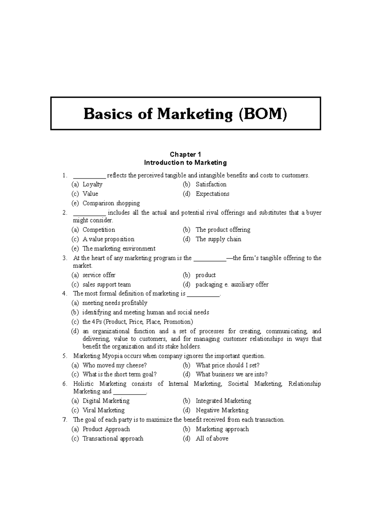 Basics of Marketing Test Banks - Basics of Marketing (BOM) Chapter 1 ...