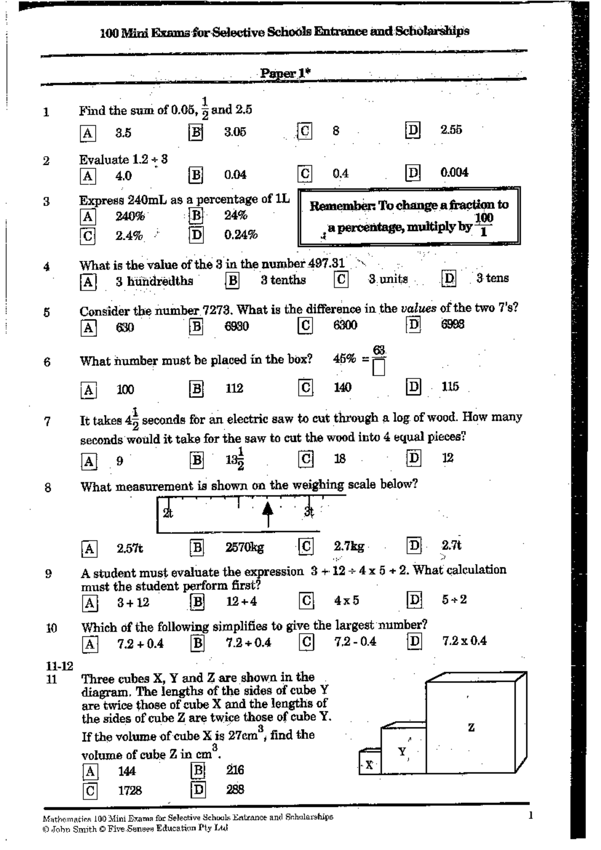 Mathematics 100 Mini Exams for Selective Schools Entrance and ...
