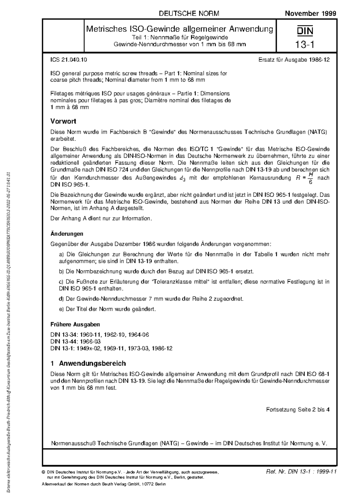 DIN 13-1:1999 - Metrisches ISO-Gewinde und Nennmaße für Regelgewinde ...