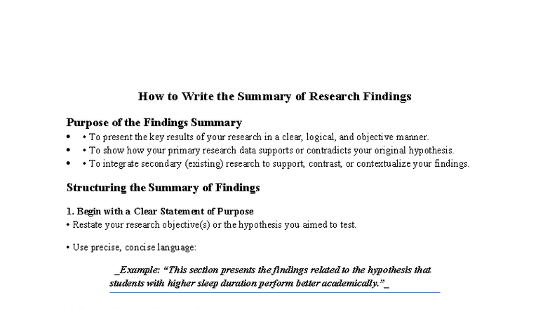 Guide to Writing a Summary of Research Findings - Studocu
