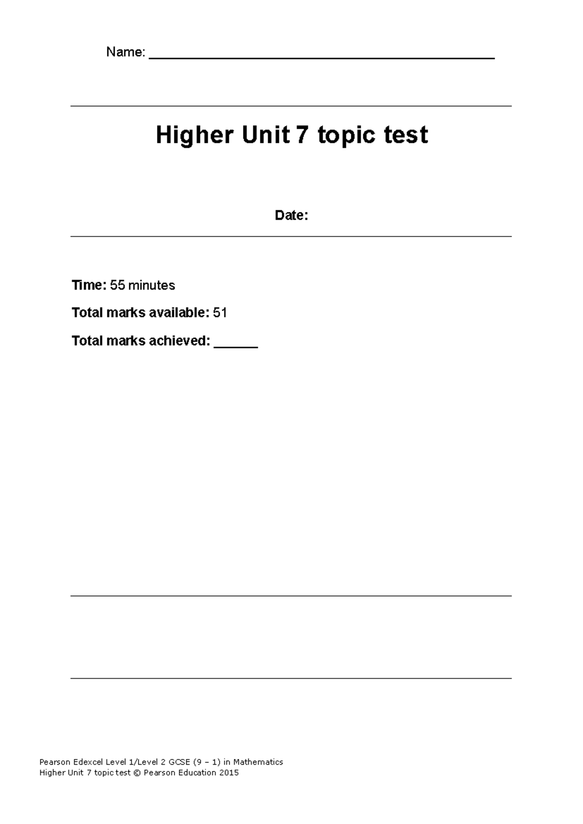 Pearson Edexcel Level 2 GCSE (9 1) Higher Unit 7 Topic Test Review ...