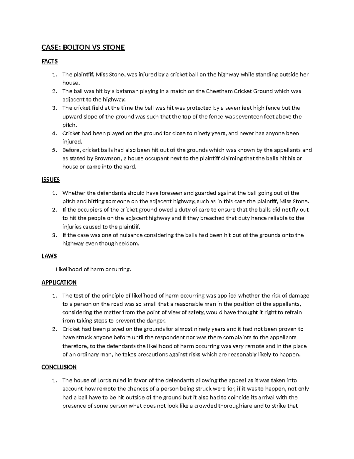 Bolton v. Stone Case Study: Likelihood of Harm Analysis - Studocu
