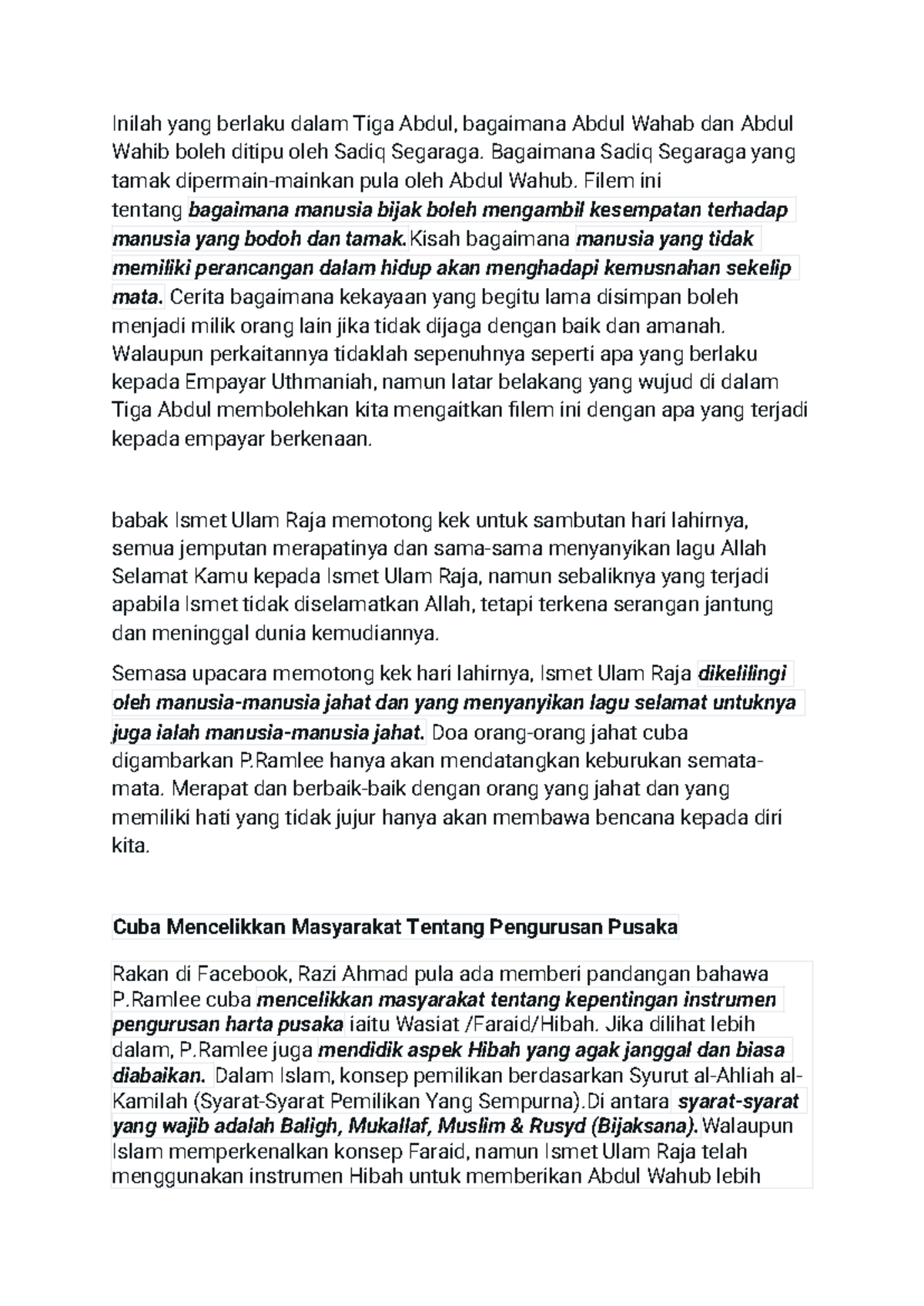 Analisis Filem Tiga Abdul: Pengajaran dan Pengurusan Harta Pusaka - Studocu