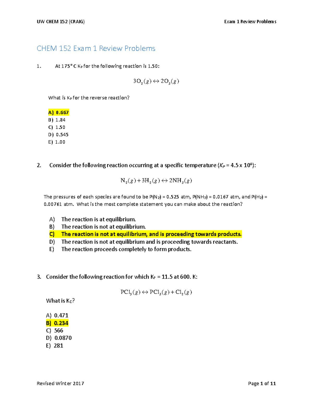 CHEM152. Craig. Winter 2017. Midterm Exam 1 Review Solutions - Studocu
