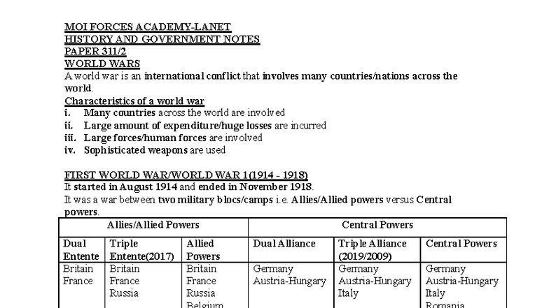 MOI FORCES HISTORY AND GOVERNMENT NOTES: WORLD WAR I OVERVIEW - Studocu
