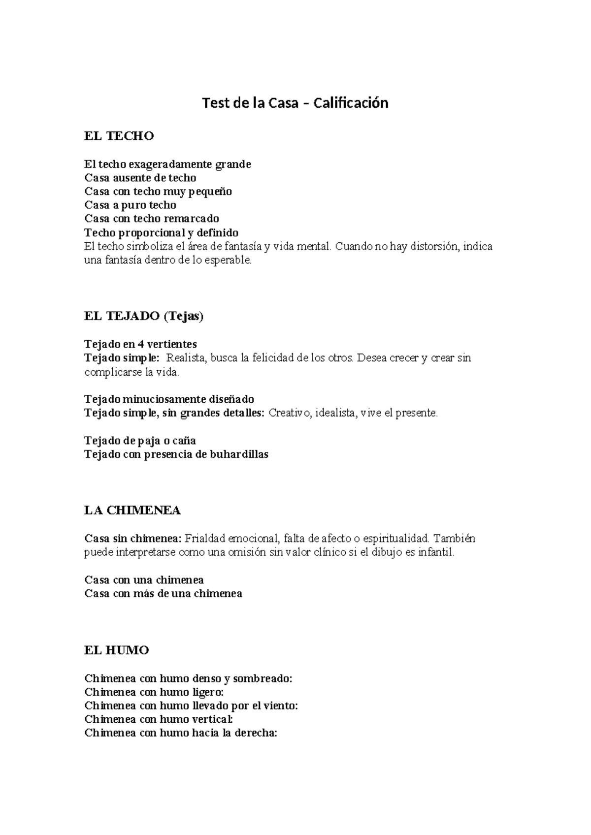 Interpretación del Test de la Casa: Resultados y Análisis - Studocu