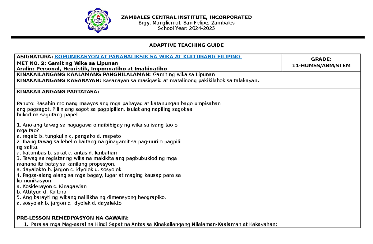 Adaptive Teaching Guide: Komunikasyon (KAPWIK) - Grade 11-HUMSS/ABM ...