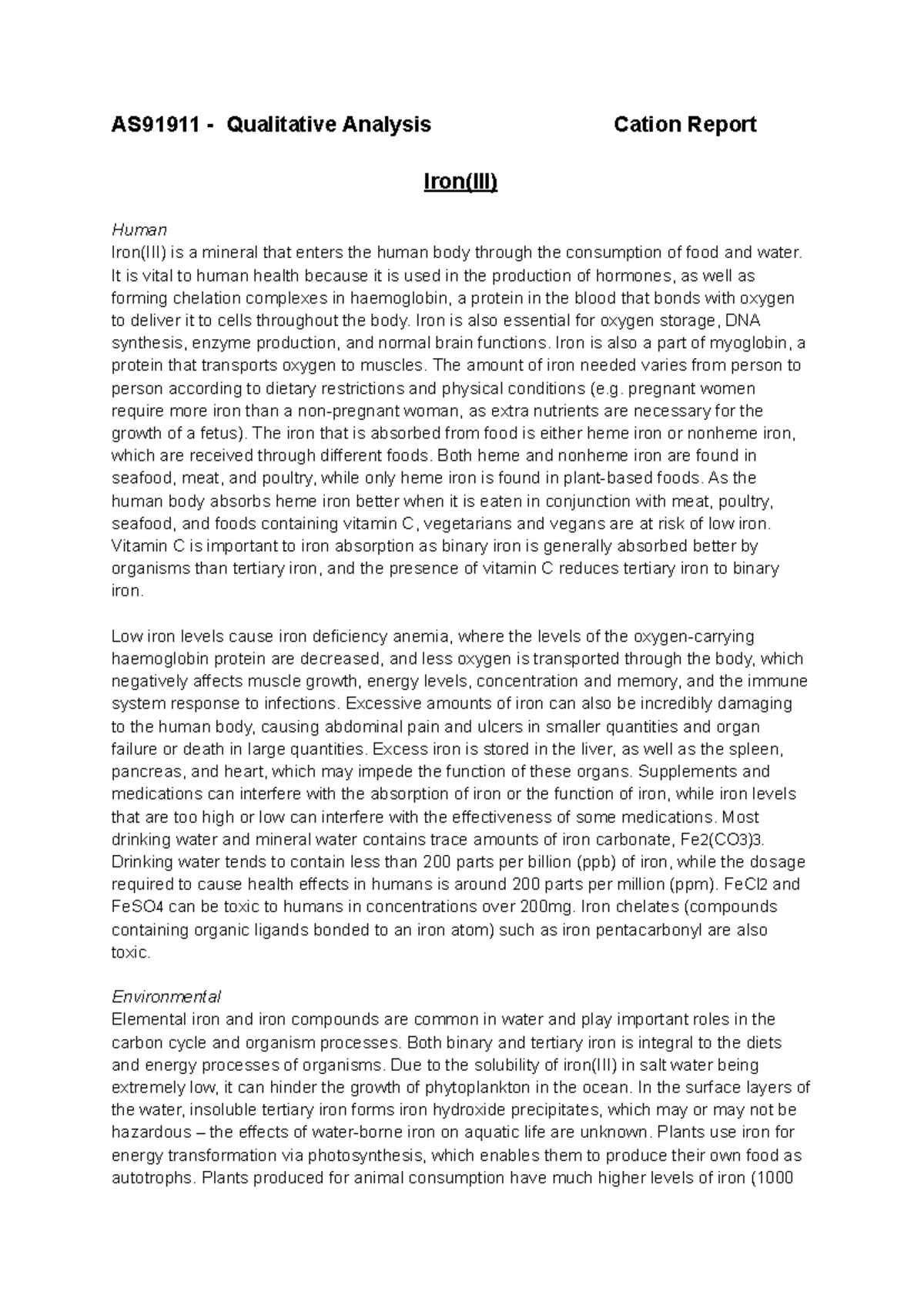 AS91911 Cation Report: The Role of Iron in Human Health and Environment ...