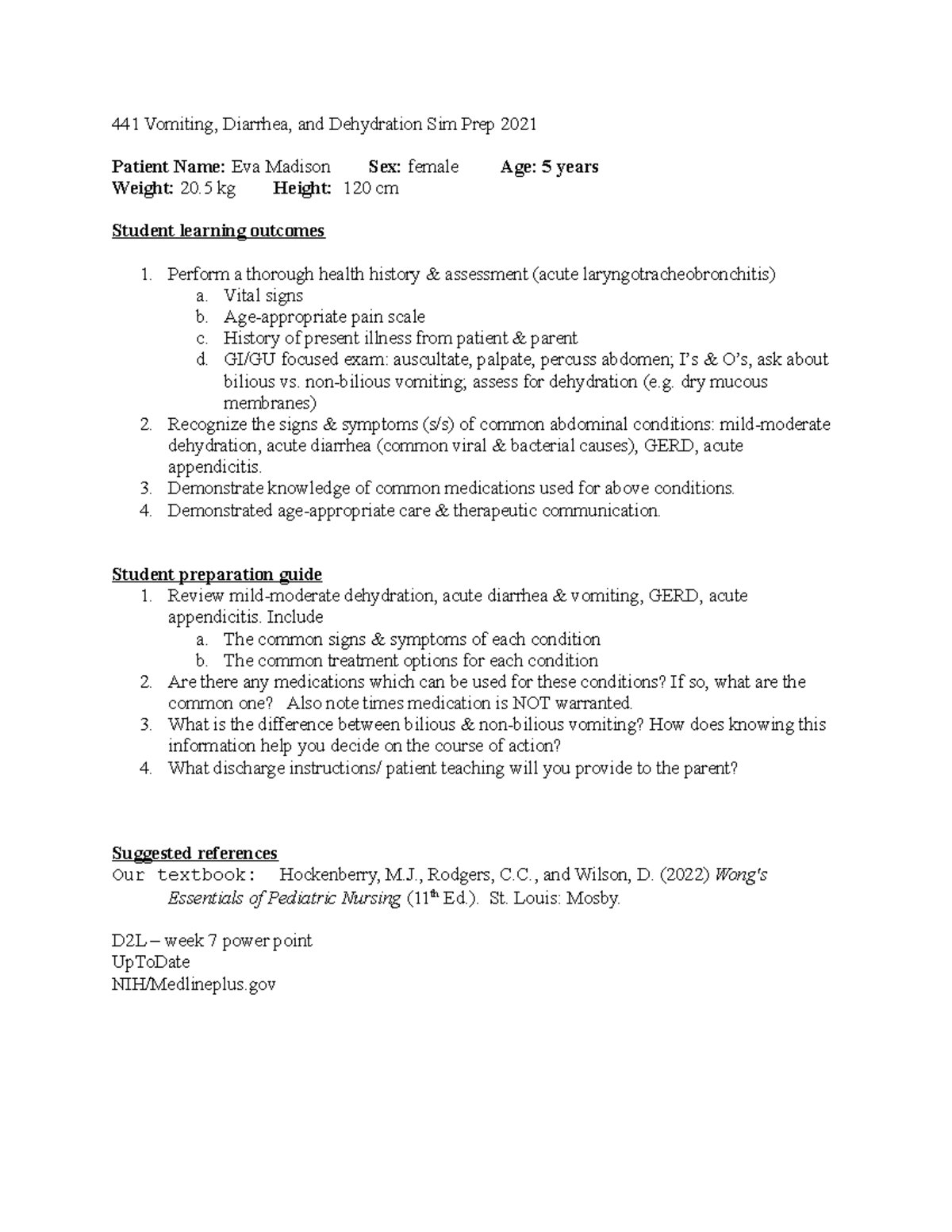 441 Vomiting Sim Prep 2021 - 441 Vomiting, Diarrhea, and Dehydration ...