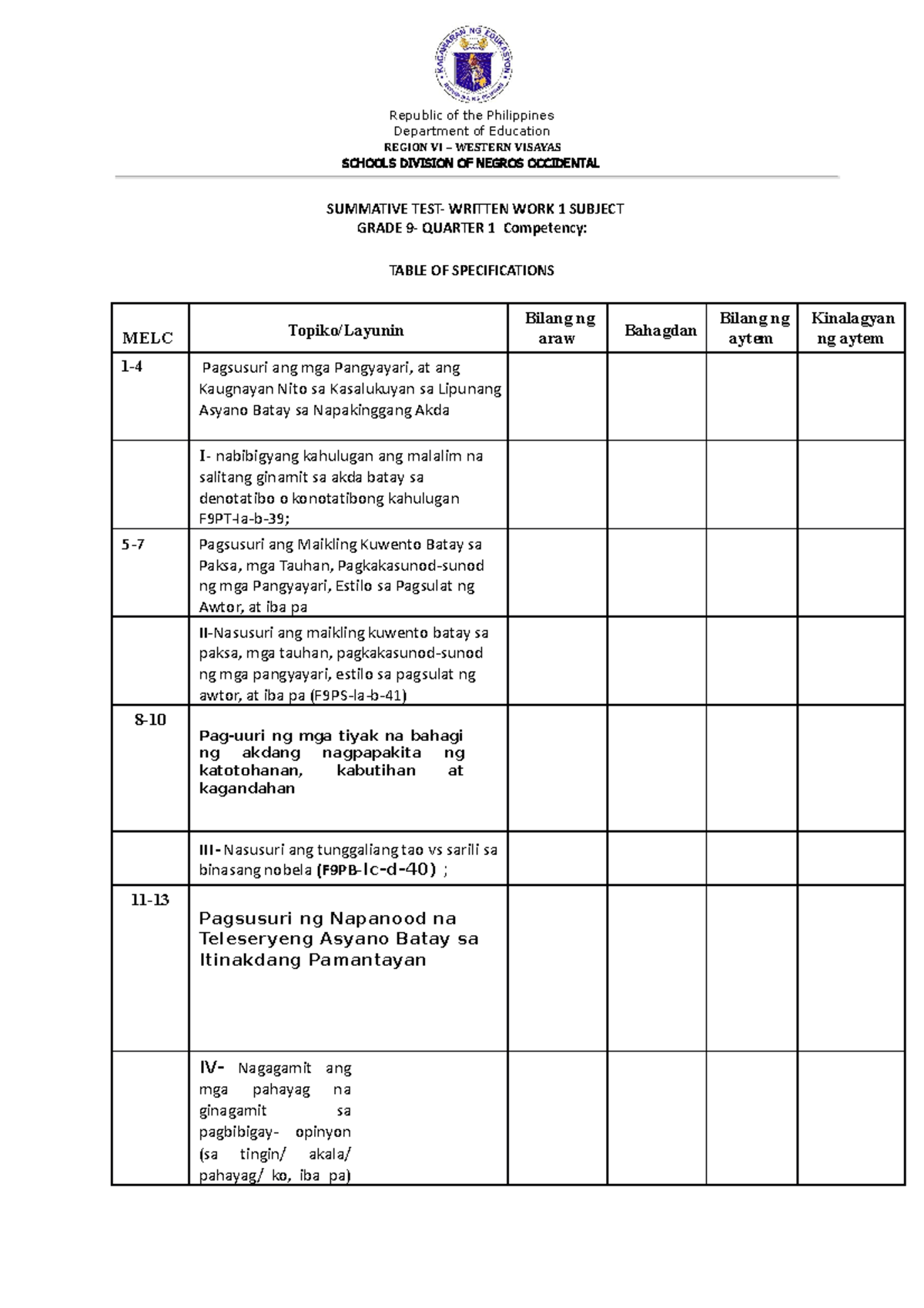 TOS FIL 9 - tos first quarter FIlipino - Republic of the Philippines Department of Education ...