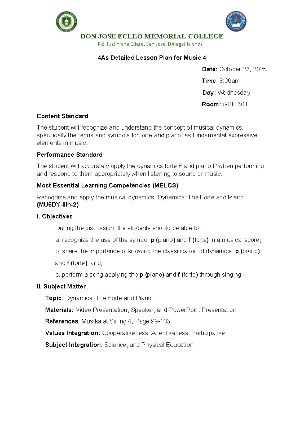 Detailed Lesson Plan for Music 4: Dynamics of Forte and Piano - Studocu