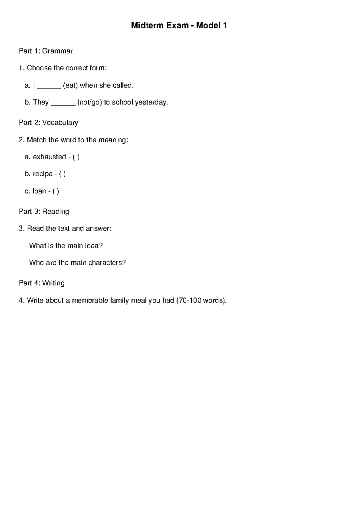 Midterm Exam Models 1-5: Grammar, Vocabulary, Reading & Writing - Studocu