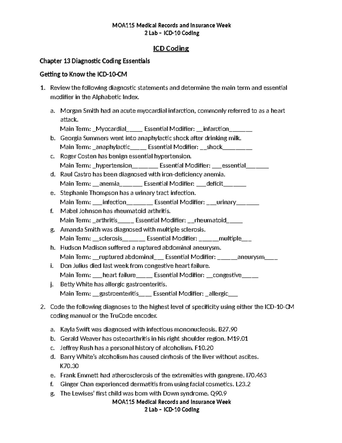 MOA115 Week 2 Lab: ICD-10 Diagnostic Coding Essentials - Studocu