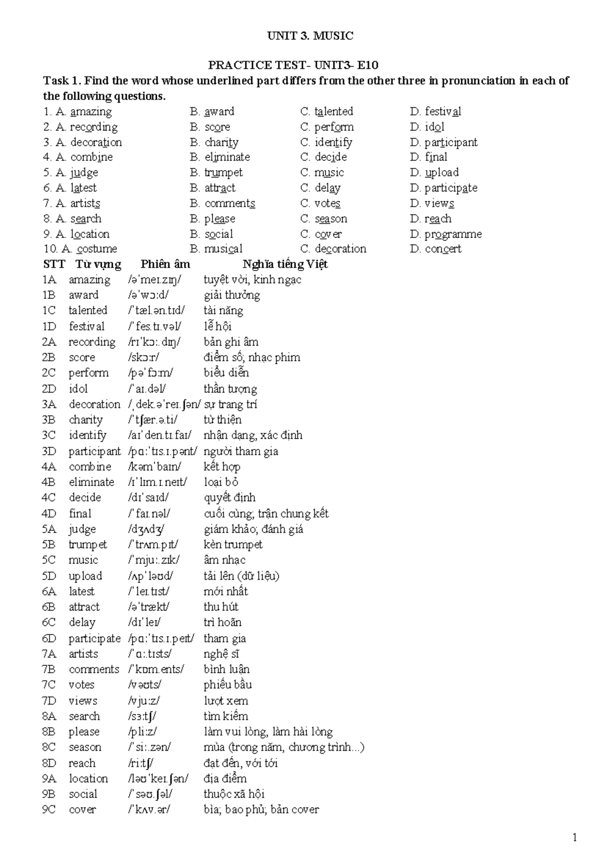 UNIT 3. Music Practice E10 - Vocabulary Tasks 1 & 2 - Studocu