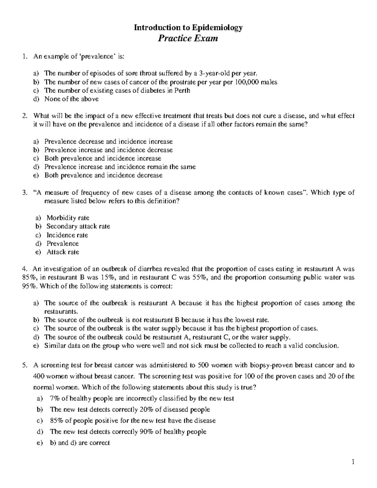 Practice Exam Questions ONLY - Introduction to Epidemiology Practice ...