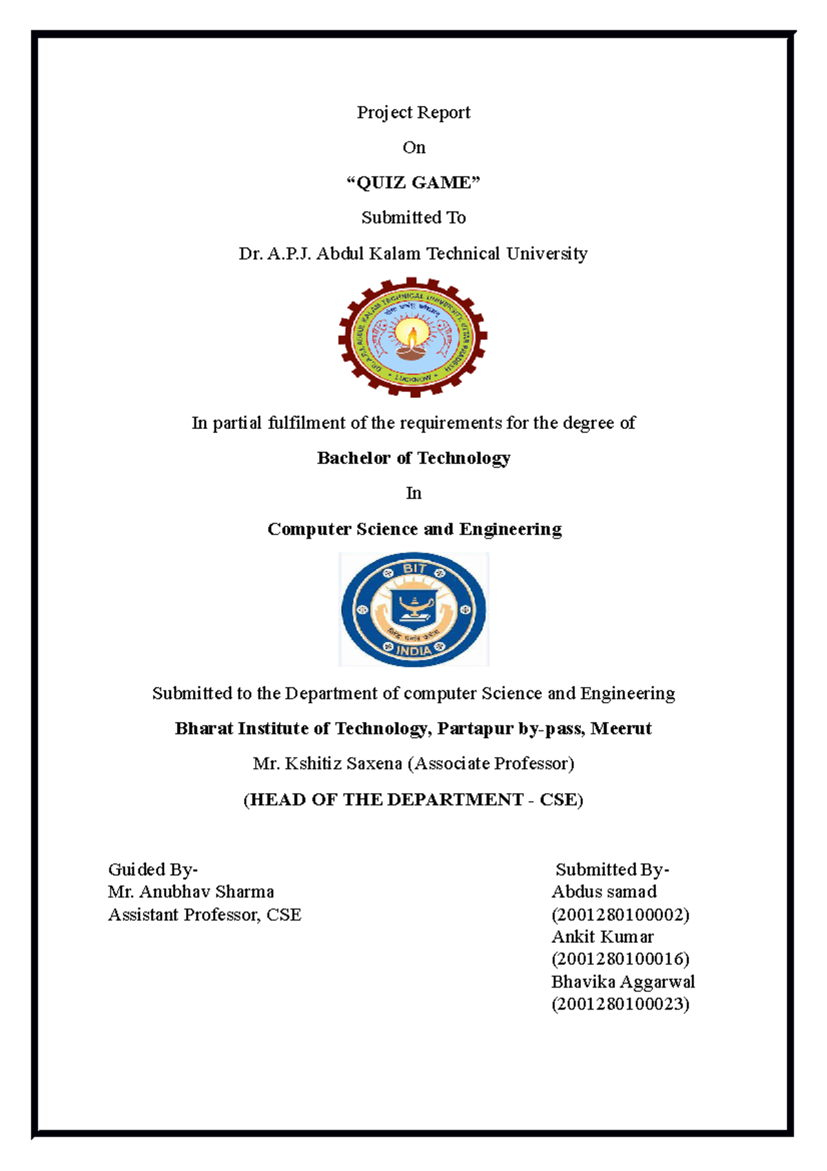 QUIZ GAME Project Report for B.Tech (CSE) at Dr. A.P.J. Abdul Kalam Tech University - Studocu