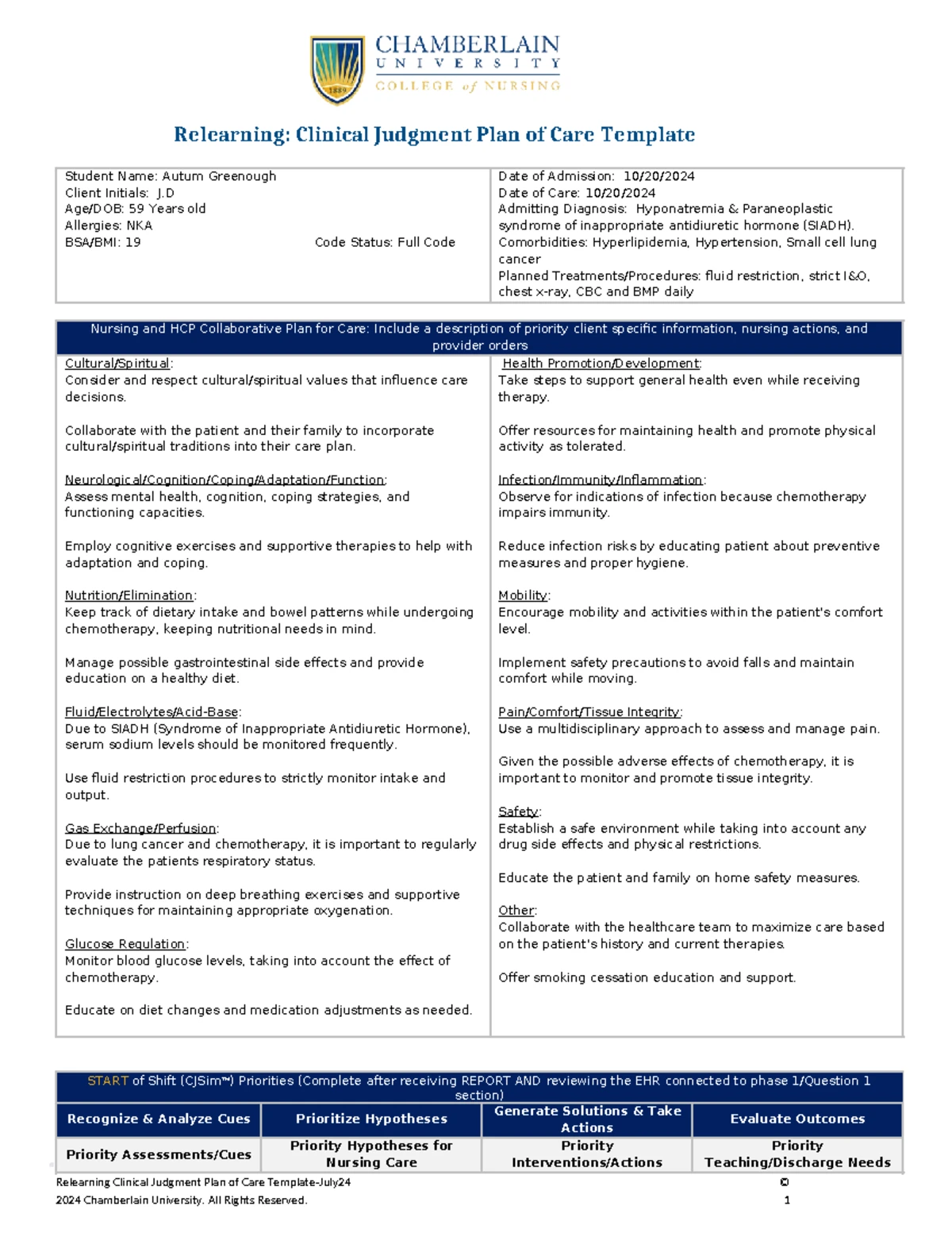 CJSim™ Case Study: Clinical Judgment Plan of Care for O.M. (Olivia-1 ...