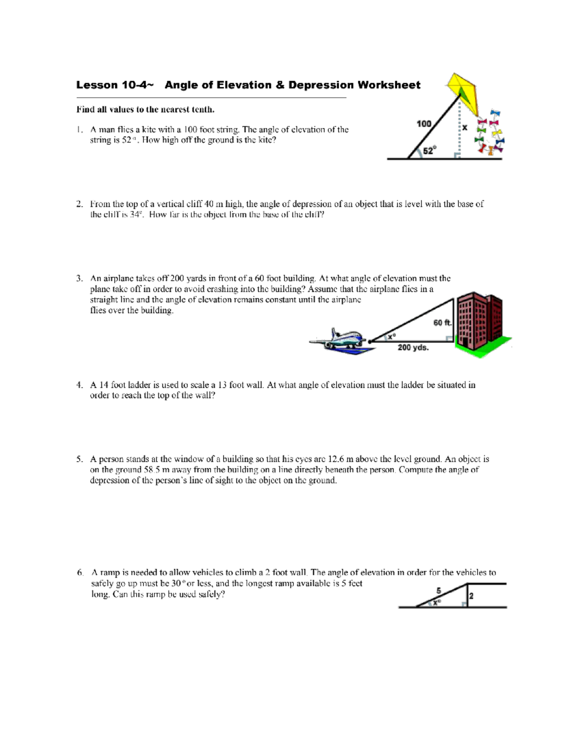 MATH 101: Angle of Elevation & Depression Practice Worksheet - Studocu