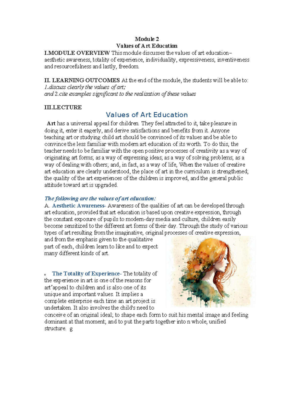 Module-2 Arts - Lecture on Values of Art Education - Studocu