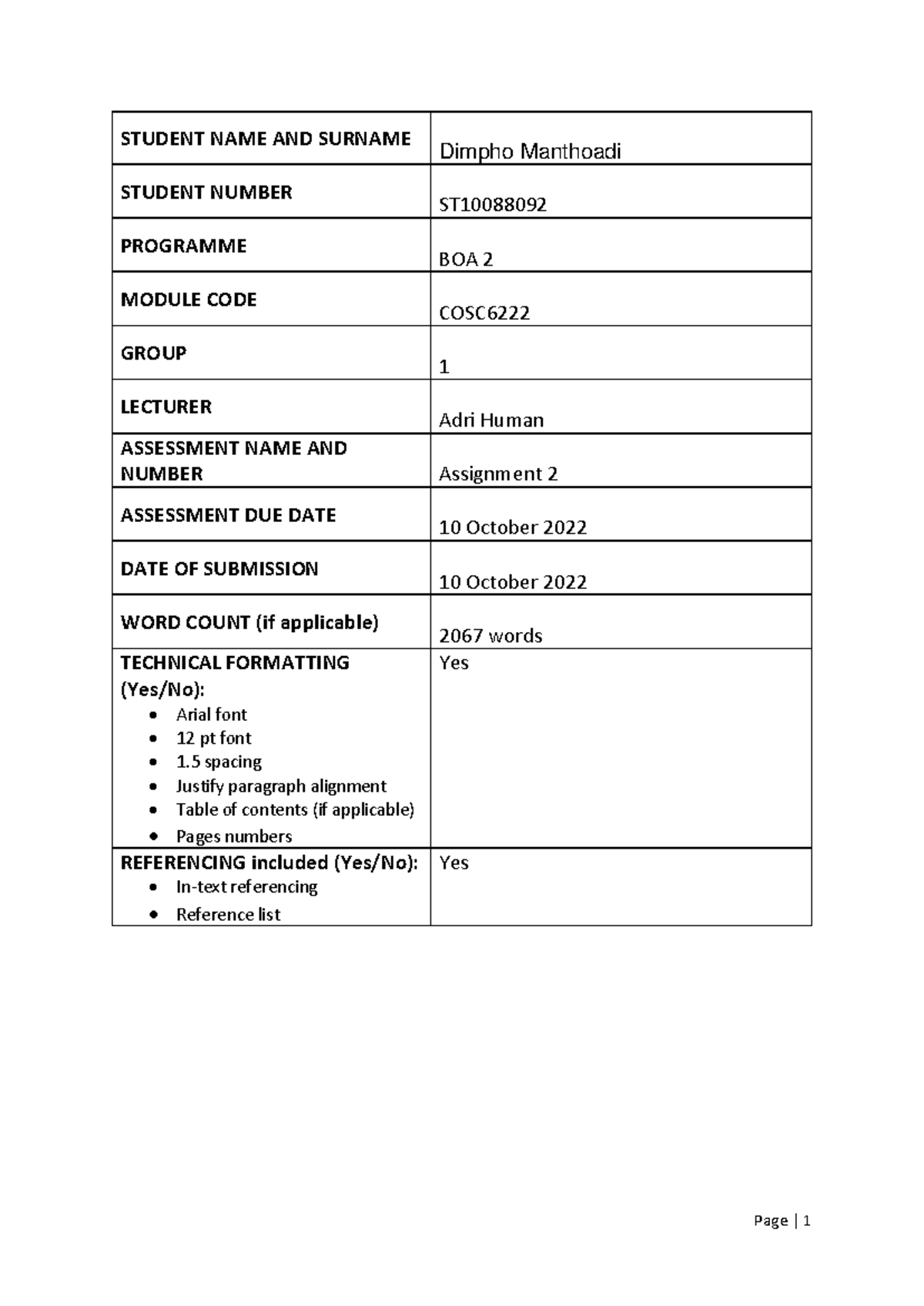 COSC6222 Assignment+2 MARKED - STUDENT NAME AND SURNAME Dimpho ...