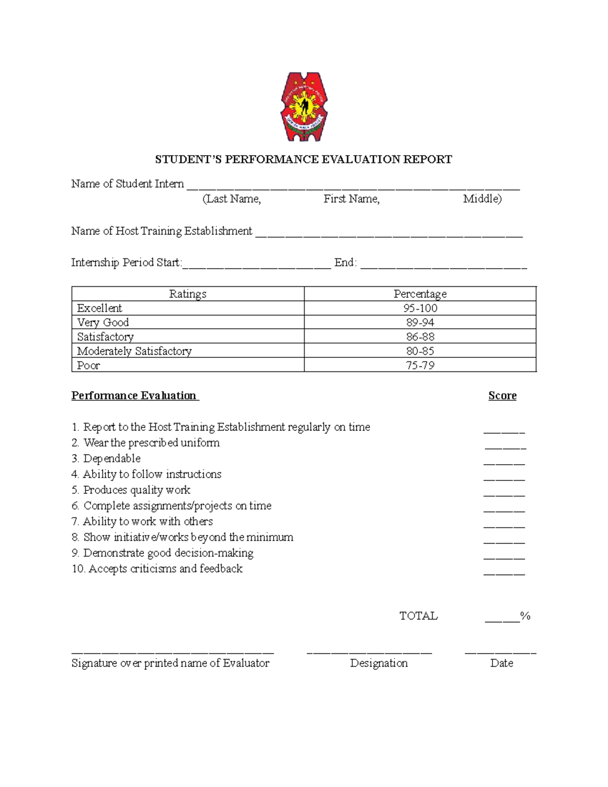 Evaluate - Evaluation sheet - STUDENT’S PERFORMANCE EVALUATION REPORT ...