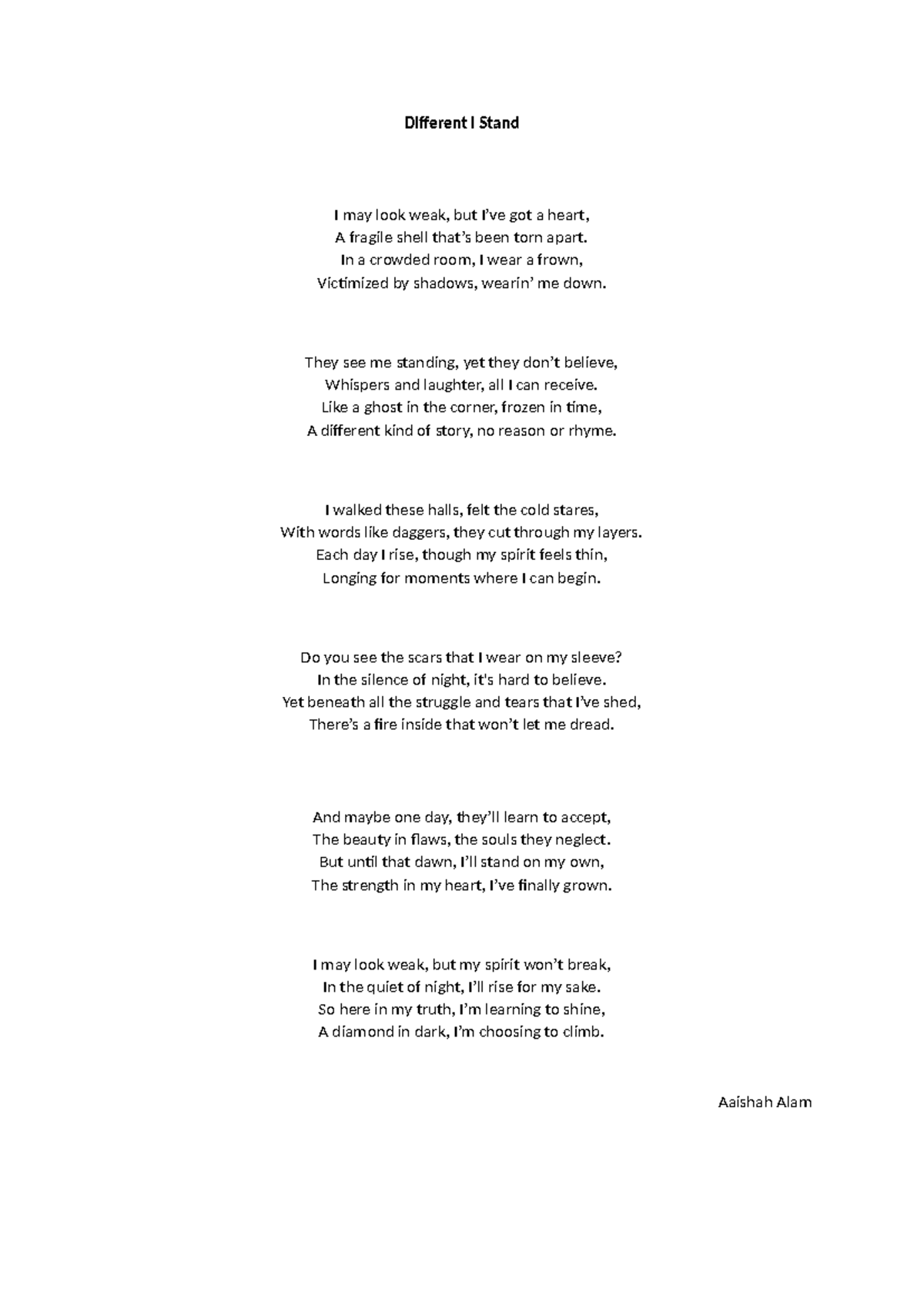 Different I Stand - Poem on Resilience in Society and Life - Studocu
