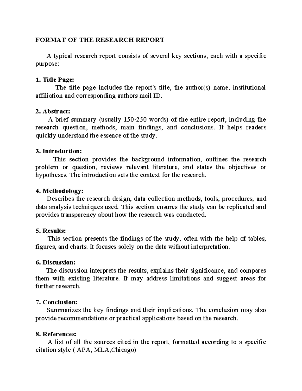 FORMAT OF A RESEARCH REPORT: KEY SECTIONS & GUIDELINES - Studocu