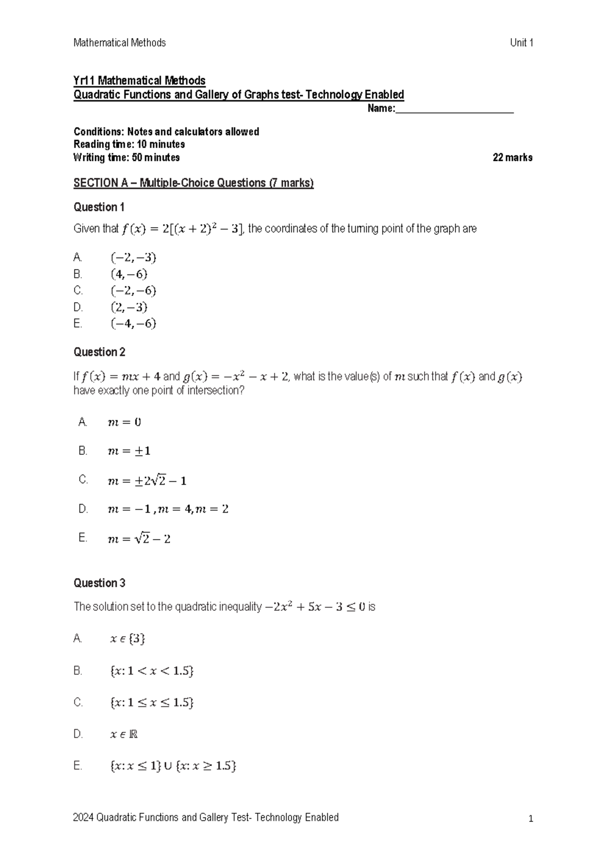2024 Mathematical Methods Unit 1: Quadratic Functions Test Notes - Studocu