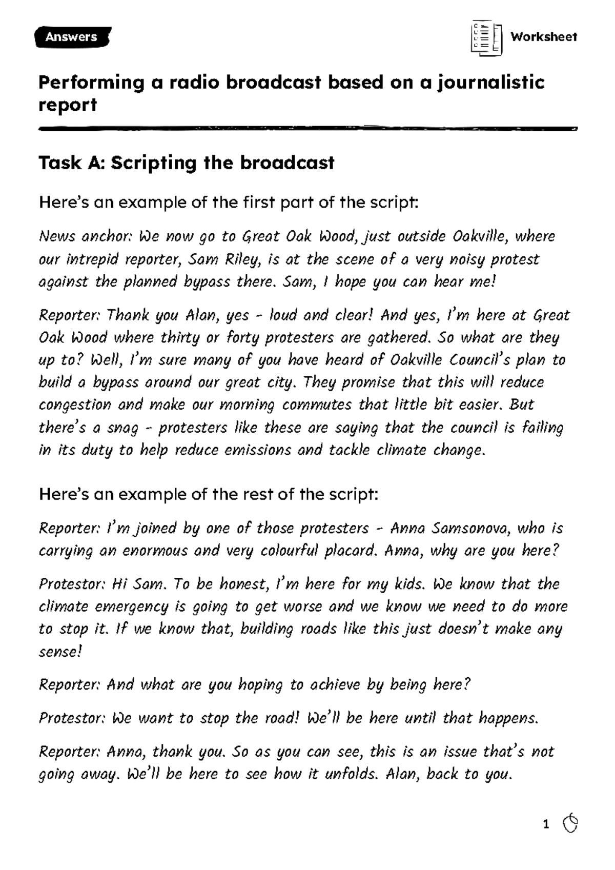 Worksheet Answers: Radio Broadcast Script Example - Studocu