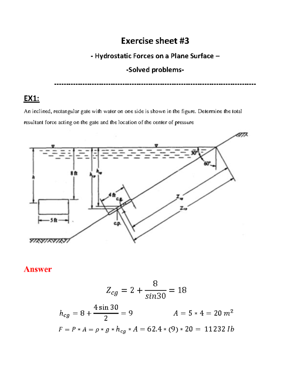 Hydrostatic Forces on Plane Surfaces: Exercise Sheet #3 Solved EXs - Studocu