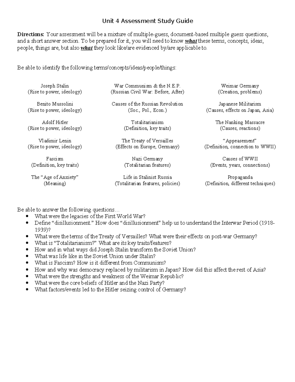 Unit 4 Assessment Study Guide: Totalitarianism, WWII Causes & Key ...