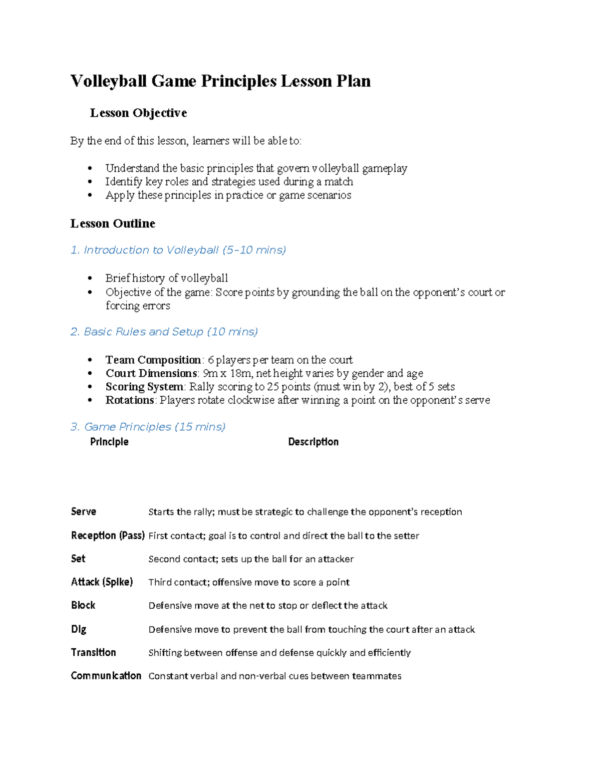 Volleyball Game Principles Lesson Plan (Course Code: VGP101) - Studocu