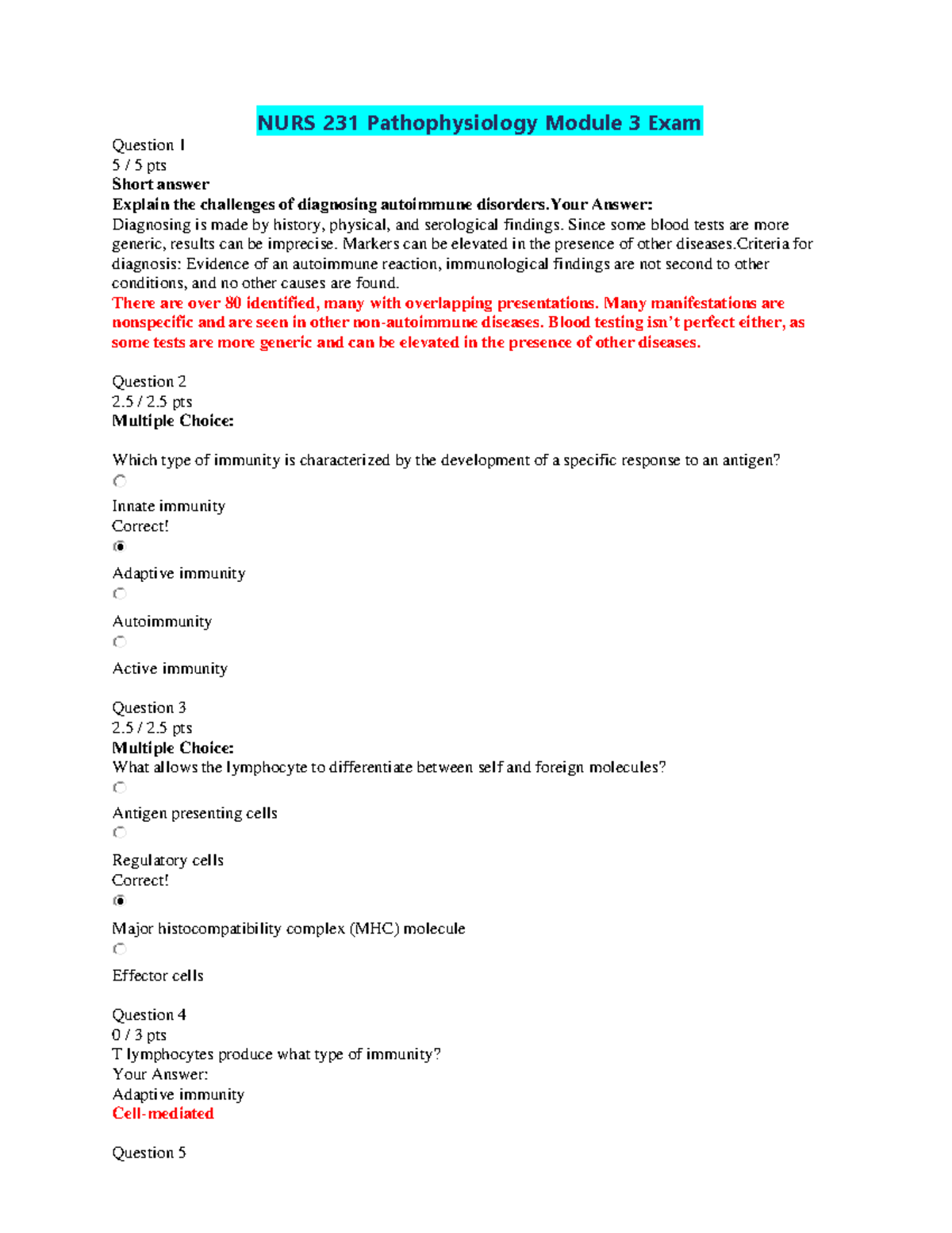 NURS 231 Pathophysiology Module 3 Exam Questions & Answers 2024 - Studocu