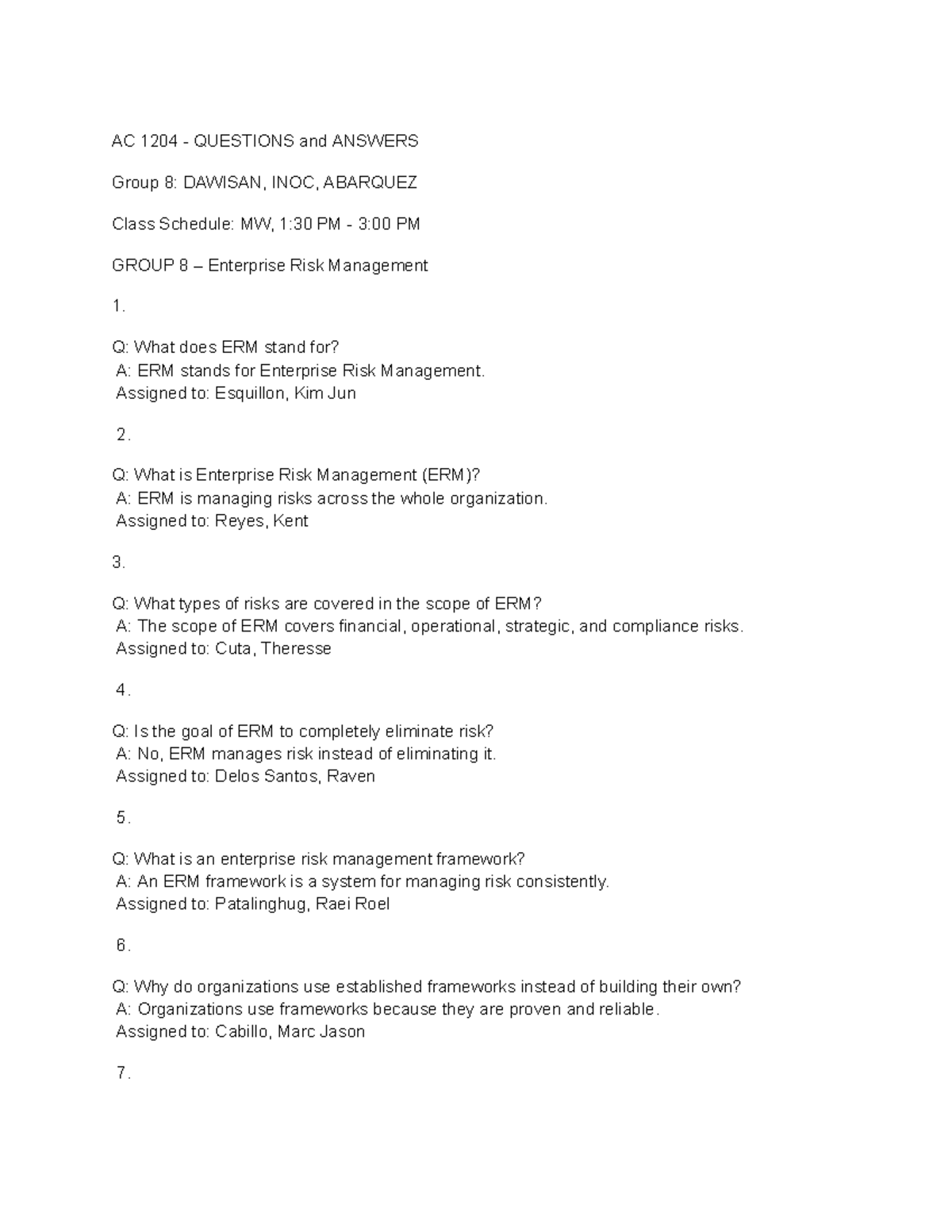 AC 1204 Group 8 Q&A on Enterprise Risk Management - Studocu