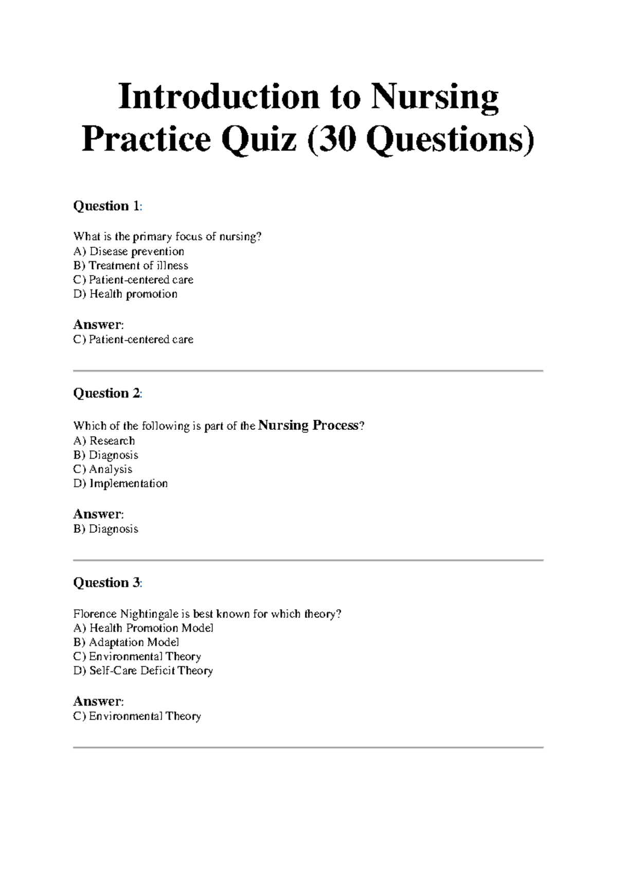 Practice Quiz (NURS 101 - Introduction to Nursing, 30 Qs) - Studocu