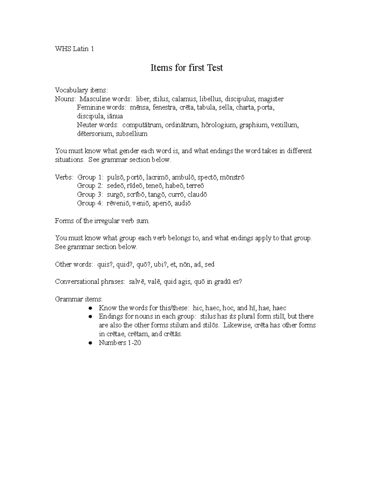 WHS Latin 1 - Vocabulary & Grammar for First Test (2025-26) - Studocu