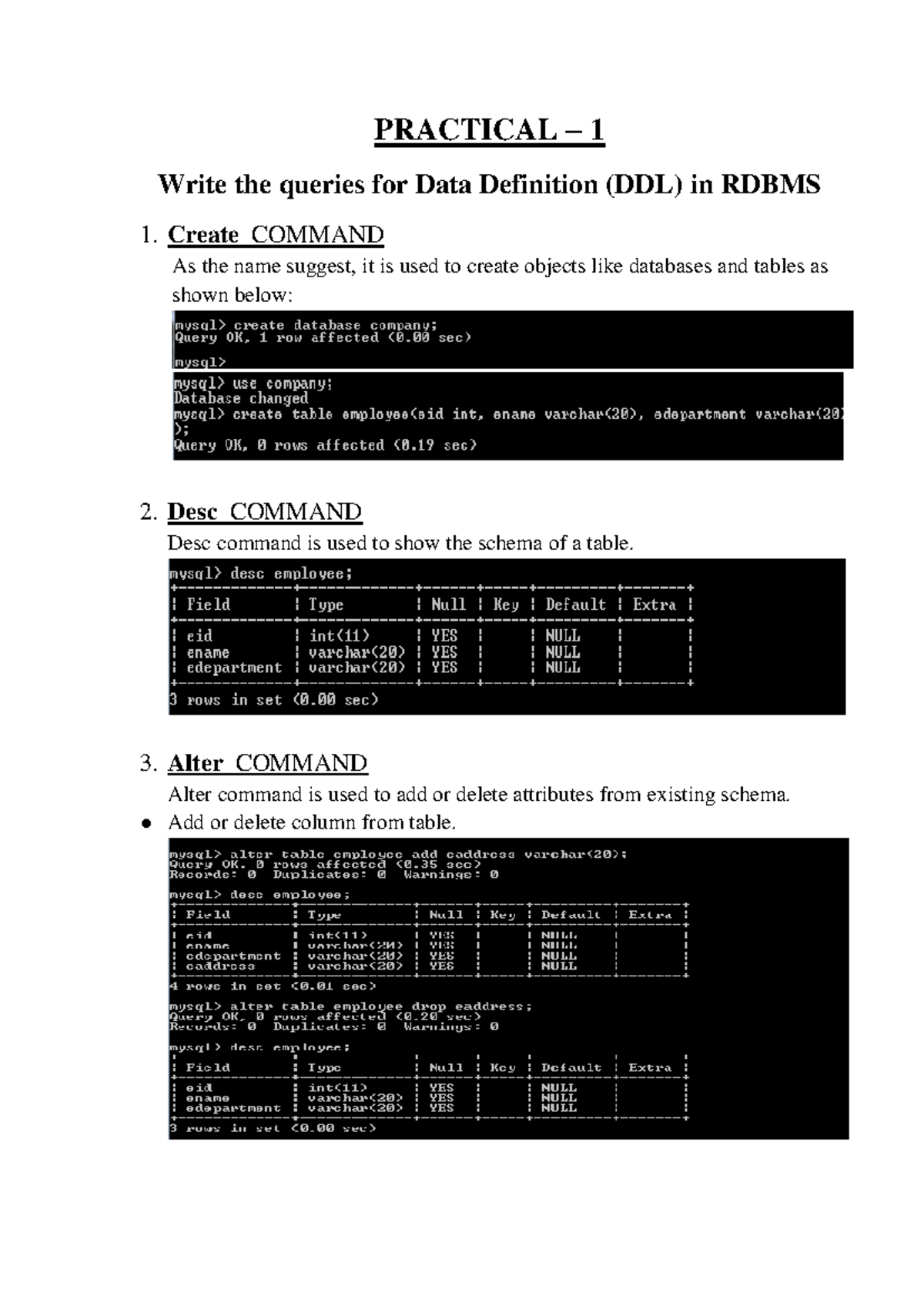 DBS - Practical File: DDL, DML & Relational Algebra Queries - Studocu