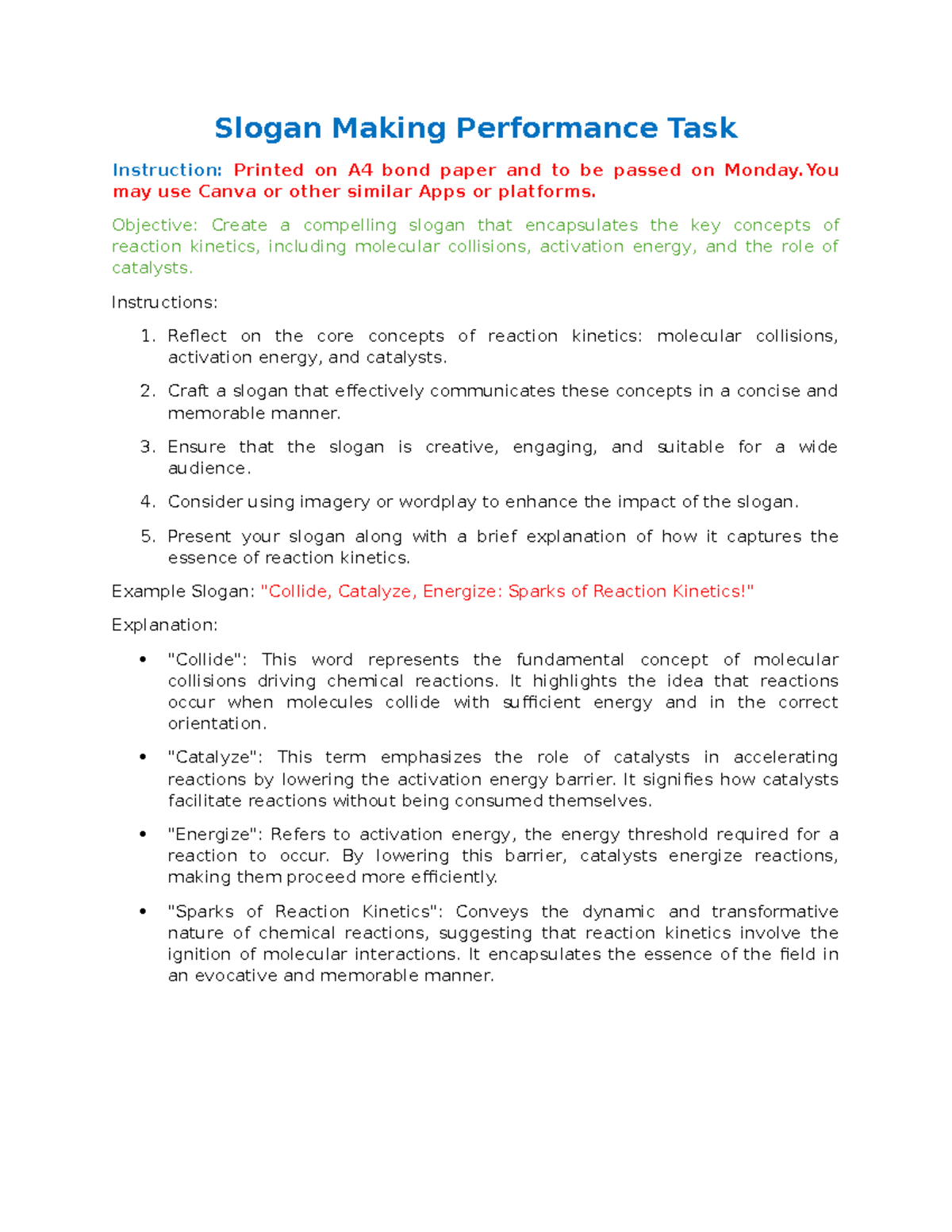 Slogan Making Performance Task - Slogan Making Performance Task Instruction: Printed on A4 bond ...