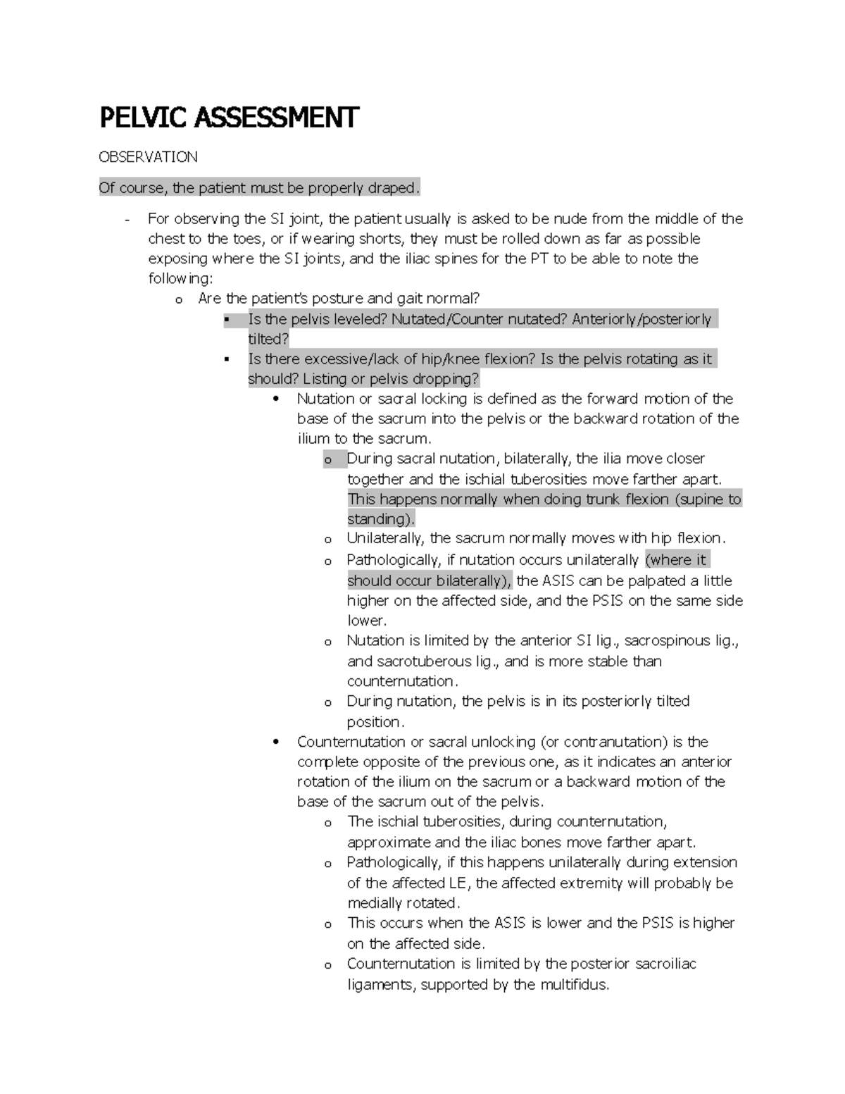 Pelvic Assessment - PELVIC ASSESSMENT OBSERVATION Of course, the ...