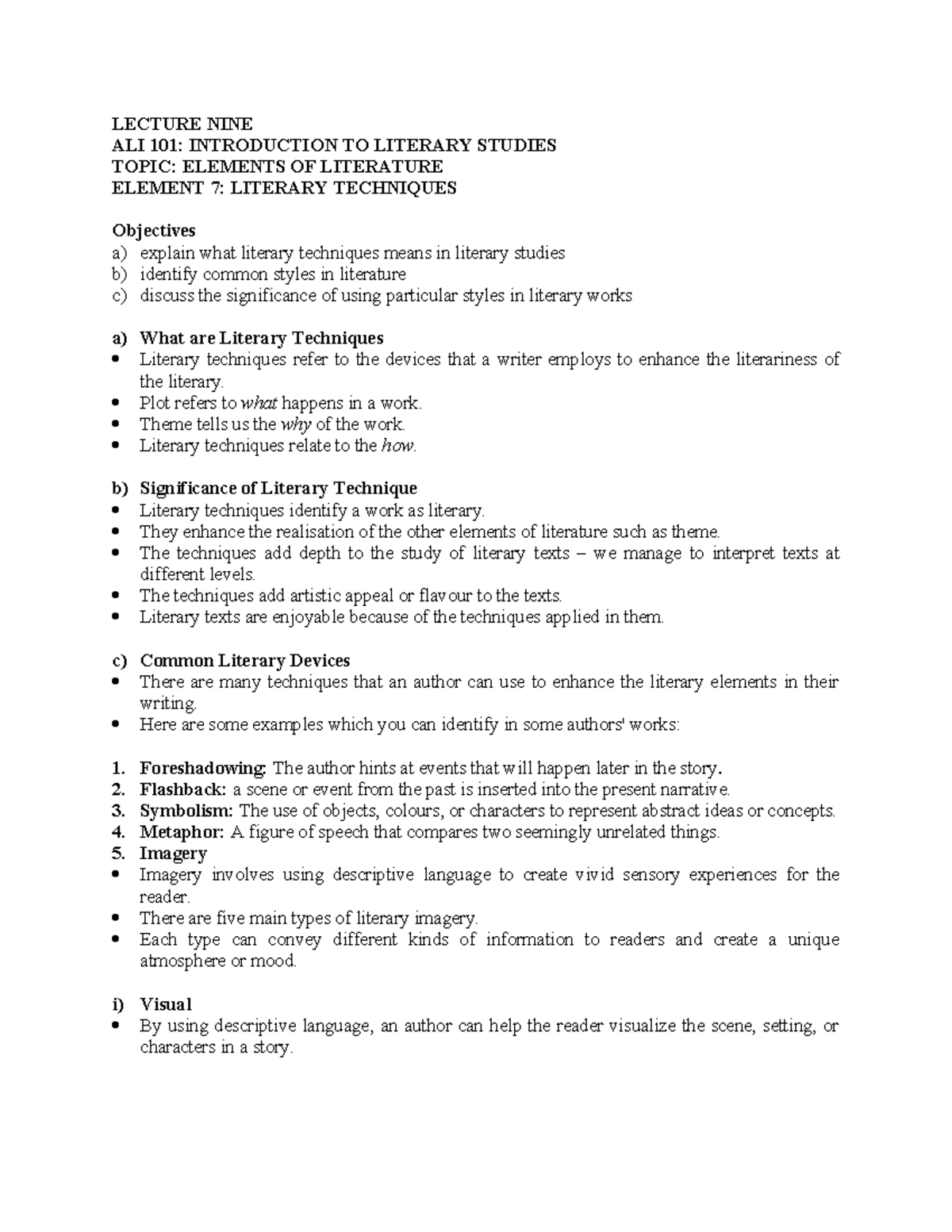 LECTURE 10 ALI 101: ELEMENTS OF LITERATURE - LITERARY TECHNIQUES - Studocu