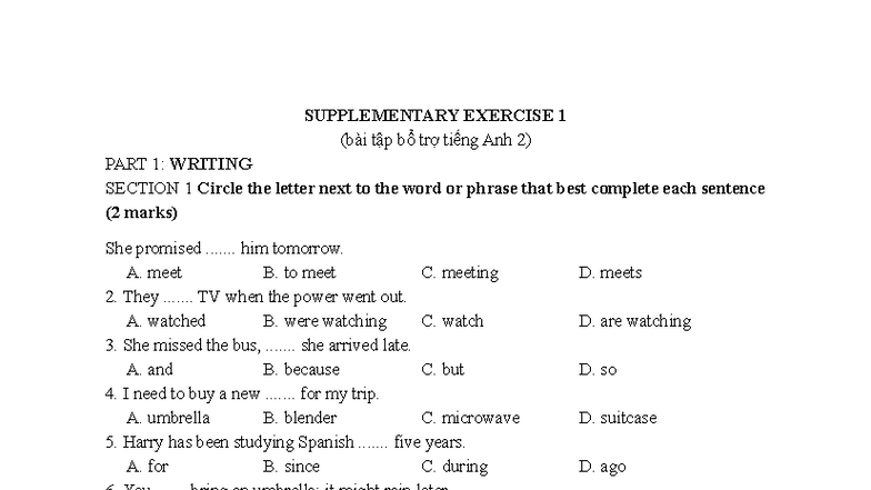 SUPPLEMENTARY EXERCISE 1 & 2 (Bài Tập Bổ Trợ TA2) - Studocu