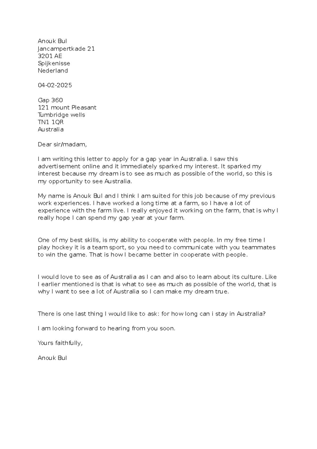 Gap Year Application Letter for Australia by Anouk Bul - Studeersnel