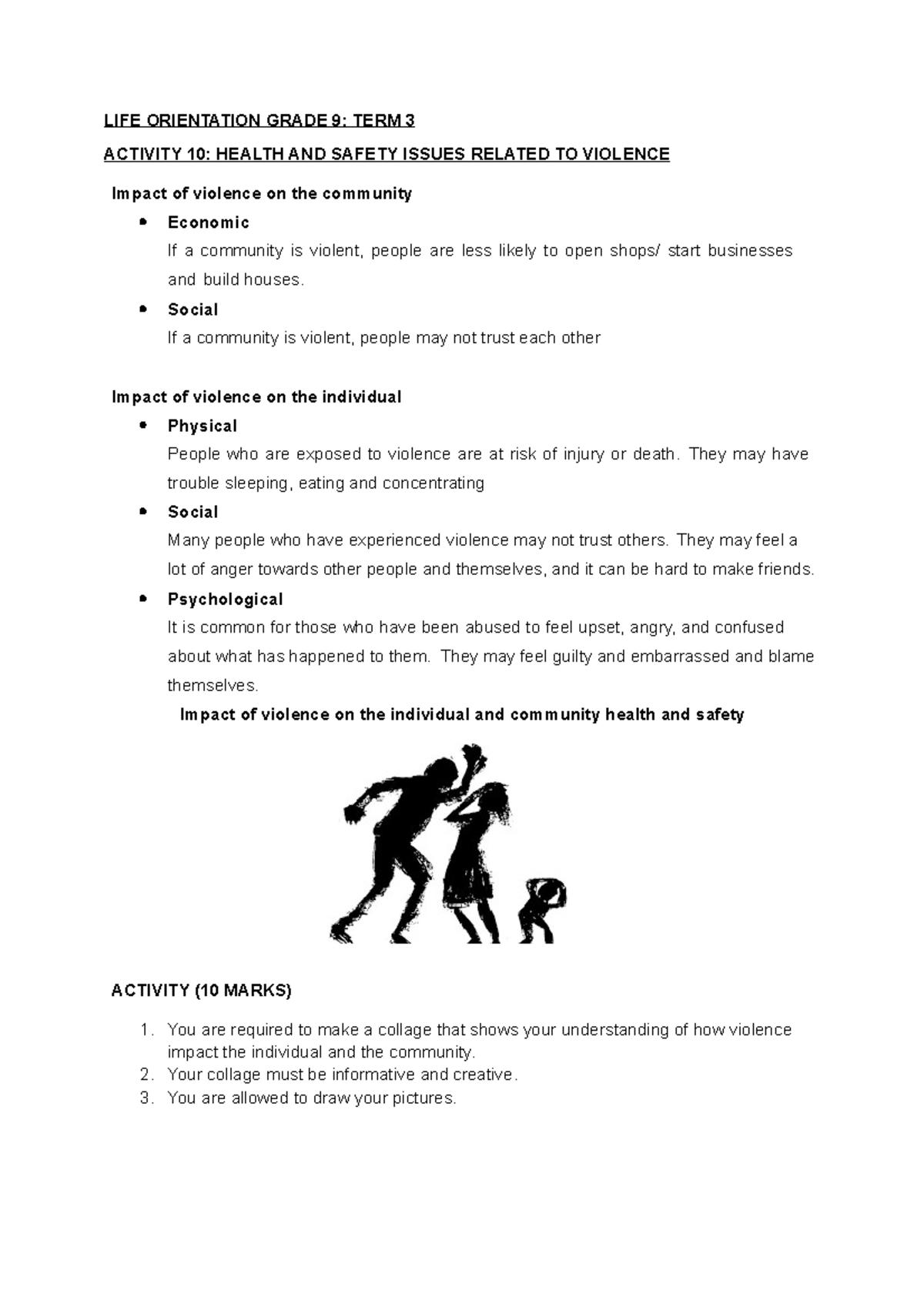Grade 9 LO Term 3 - Unit 6: Health & Safety Issues from Violence - Studocu
