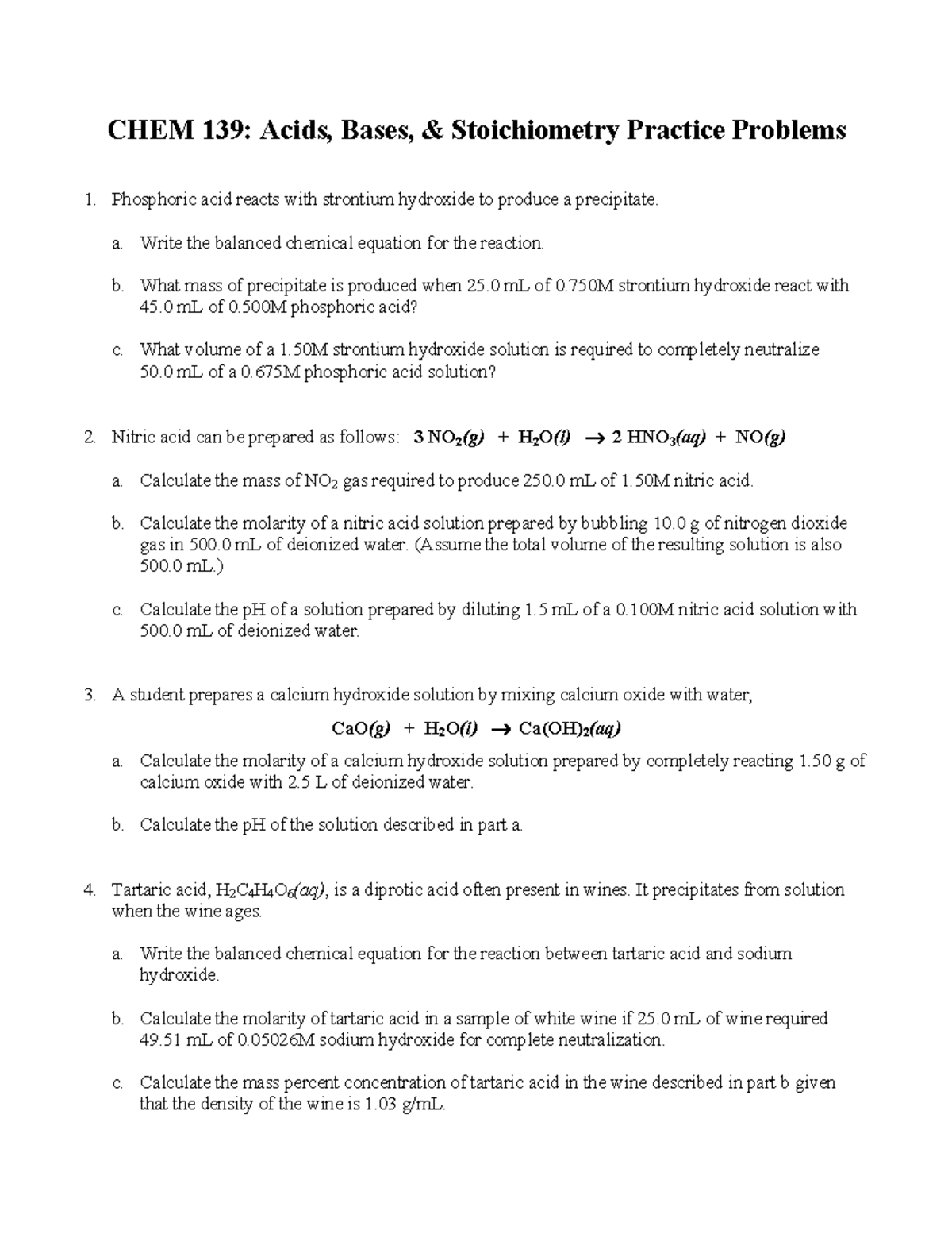 CHEM 139: Acid-Base Stoichiometry Practice Problems Worksheet - Studocu