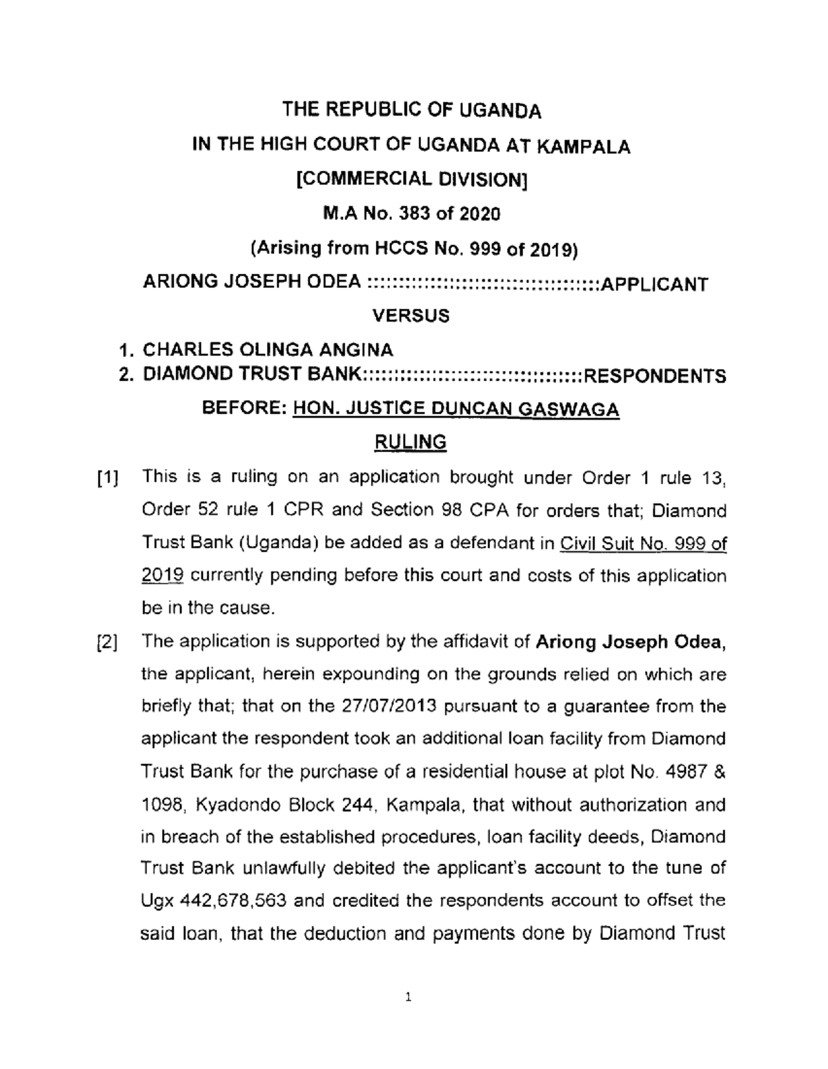Ariong Joseph Odea v. Charles Olinga Angina & Diamond Trust (M.A No ...