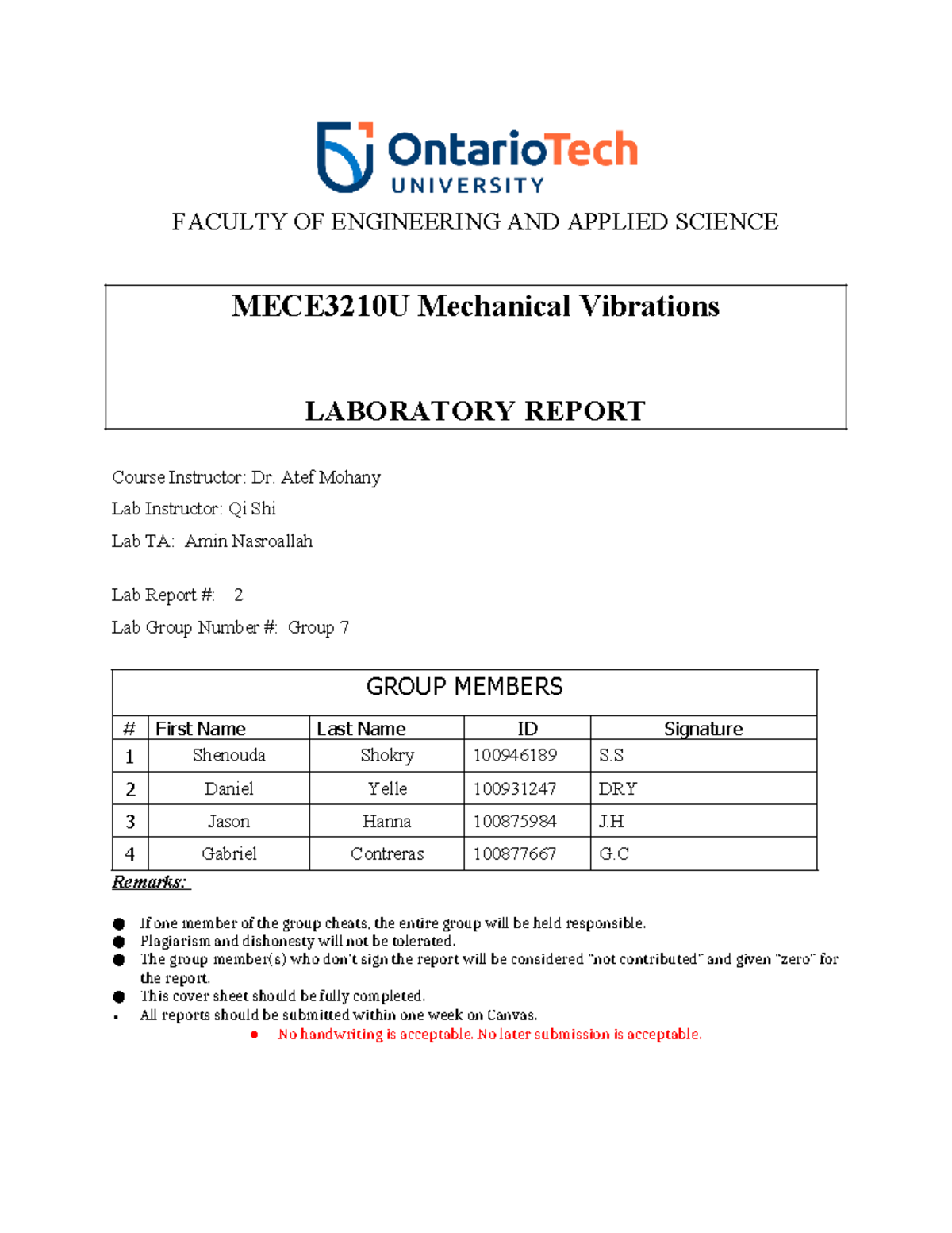 MECE3210U Mechanical Vibrations Lab 2 Report - Studocu
