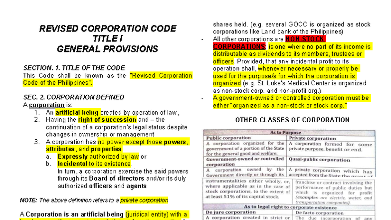 Revised Corporation Code: General Provisions and Key Sections - Studocu
